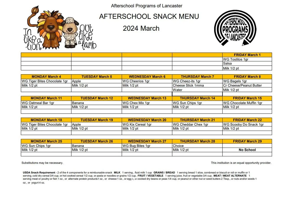 Monthly Menus — Afterschool Programs of Lancaster