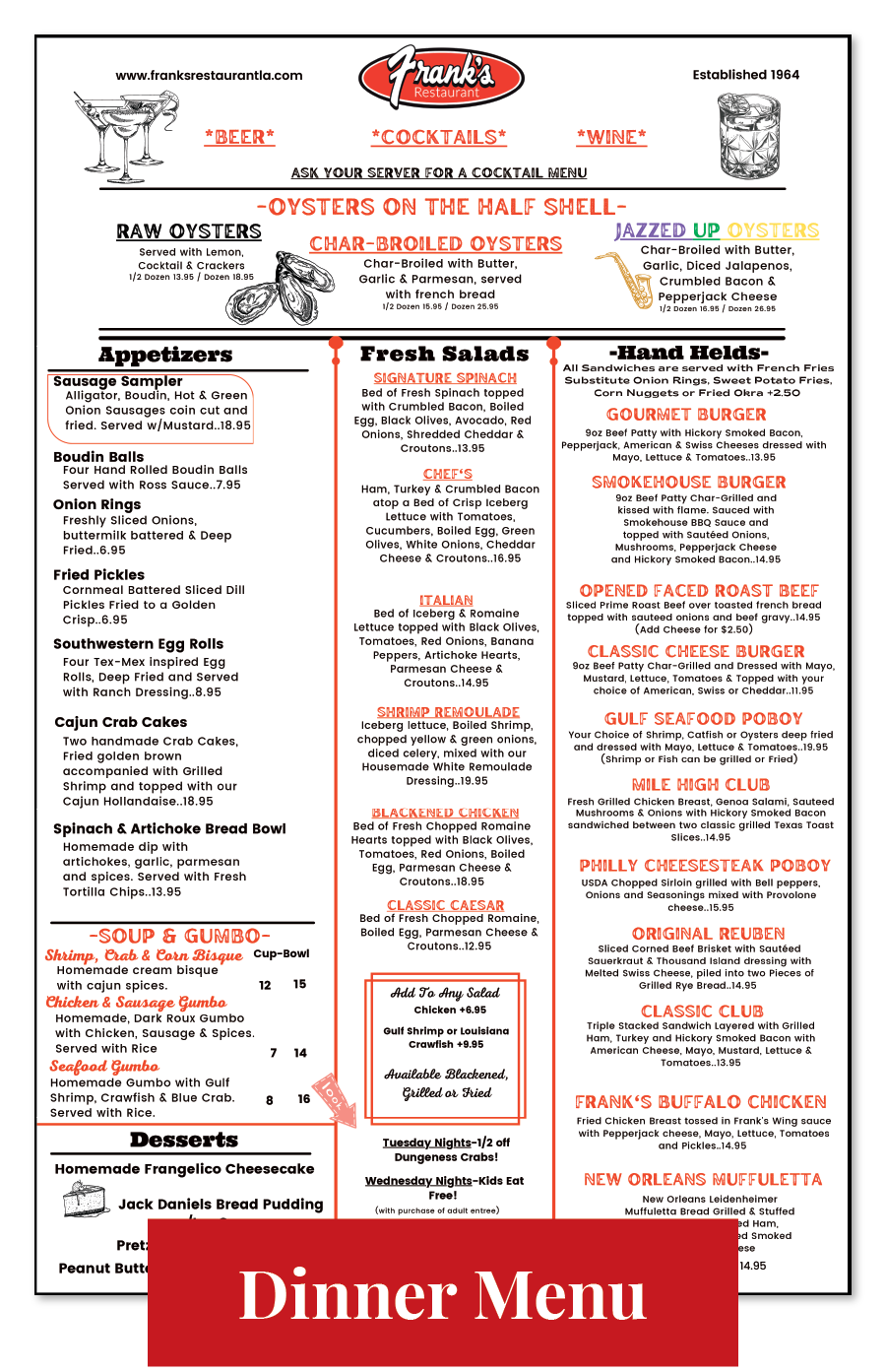 Prairieville Menu — Frank's Restaurant