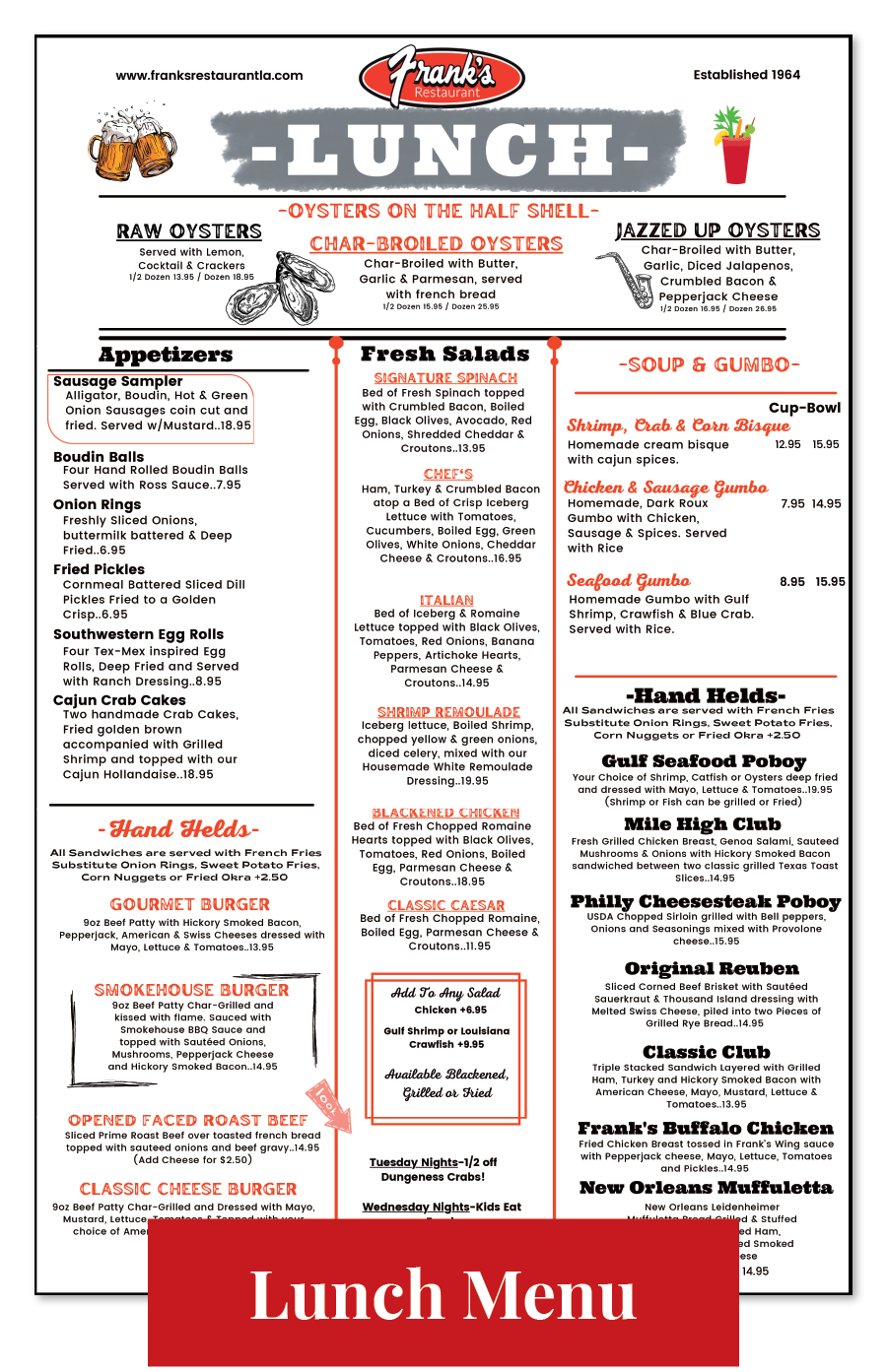 Prairieville Menu — Frank's Restaurant