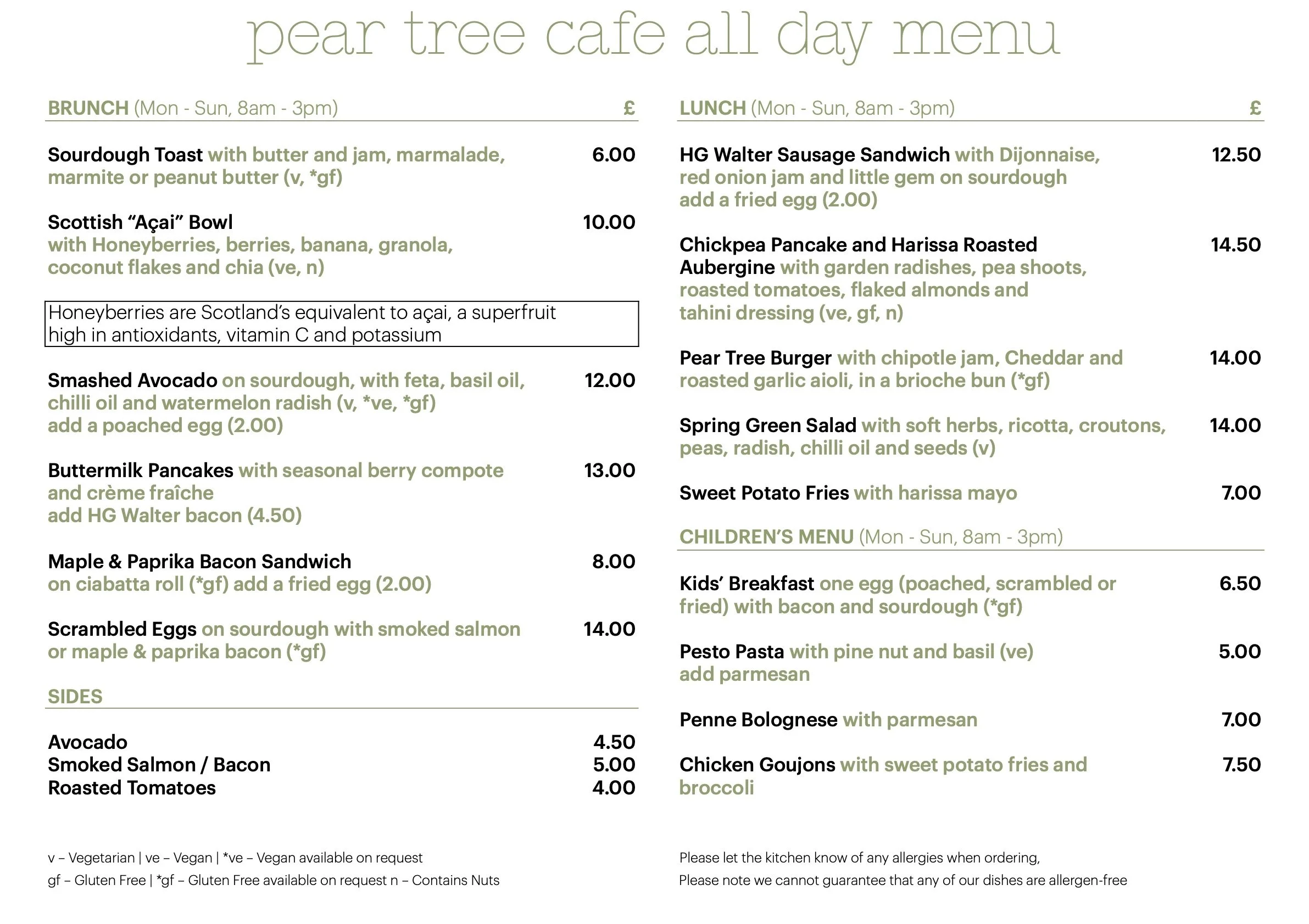 Menu Clapham — Pear Tree Cafe