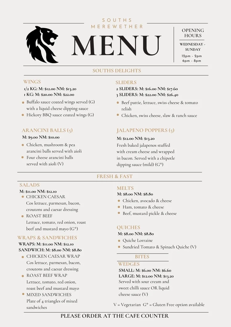 Cafe Menu — Souths Merewether