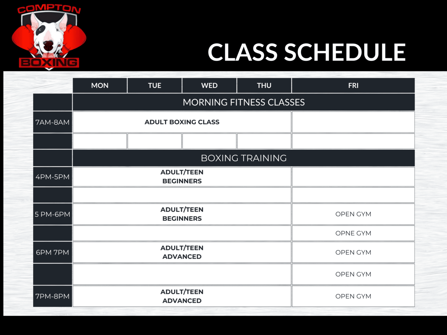 Class Schedule — Compton Boxing Gym