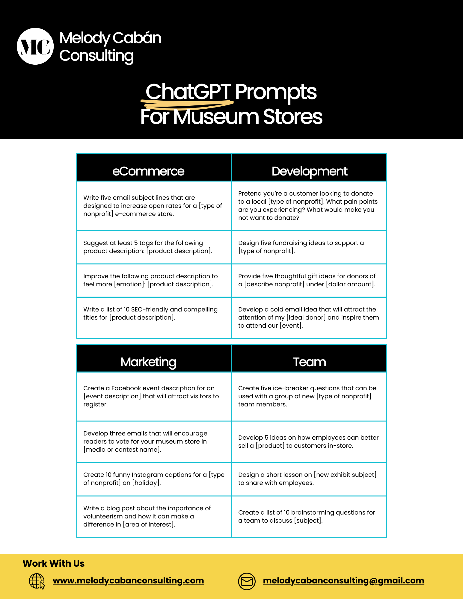 ChatGPT Guidelines & Prompts For Museum Stores — Melody Caban Consulting ChatGPT Guidelines & Prompts For Museum Stores — Melody Caban Consulting