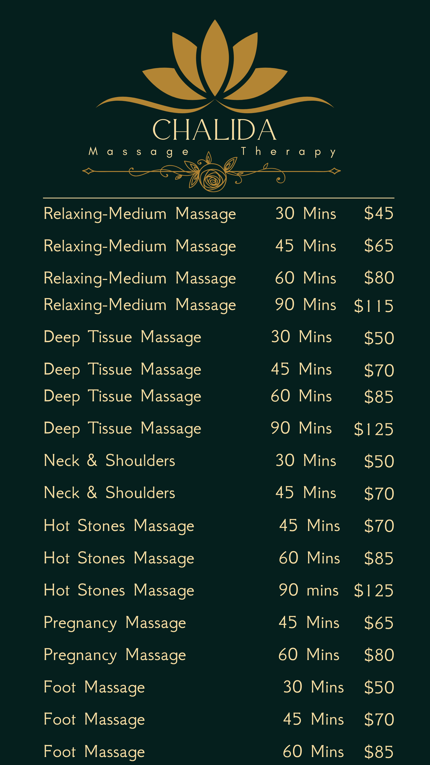 Price List | Explore Affordable Services — Chalida Massage Therapy