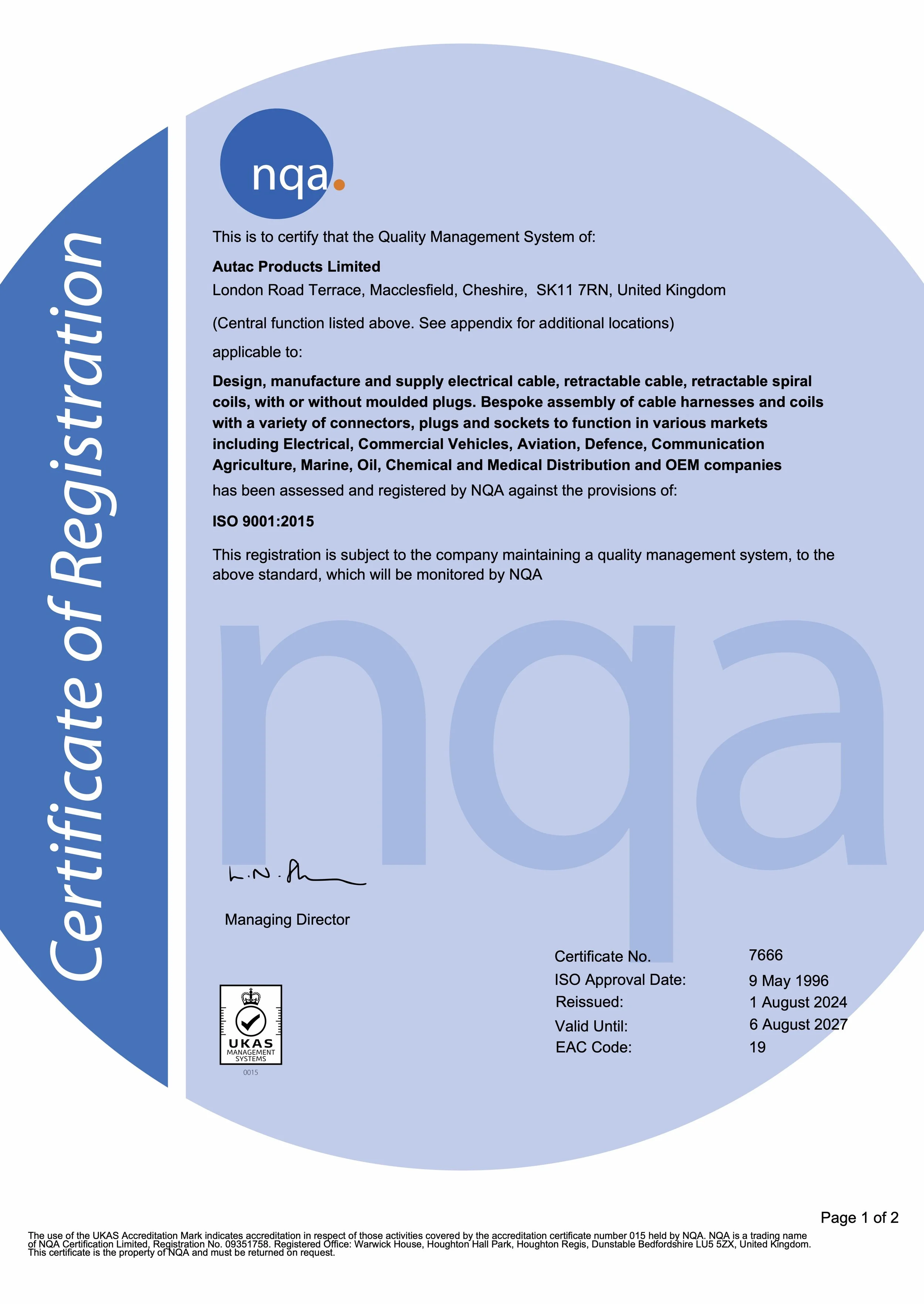 NQA to ISO 9001:2015 Certification — AUTAC