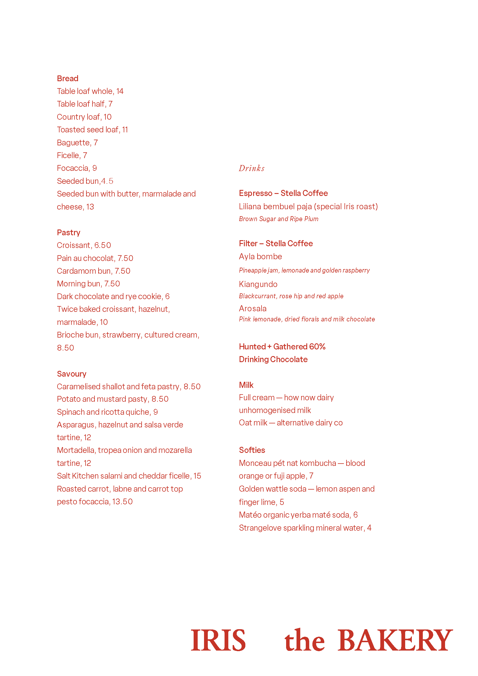 Menu — Iris The Bakery