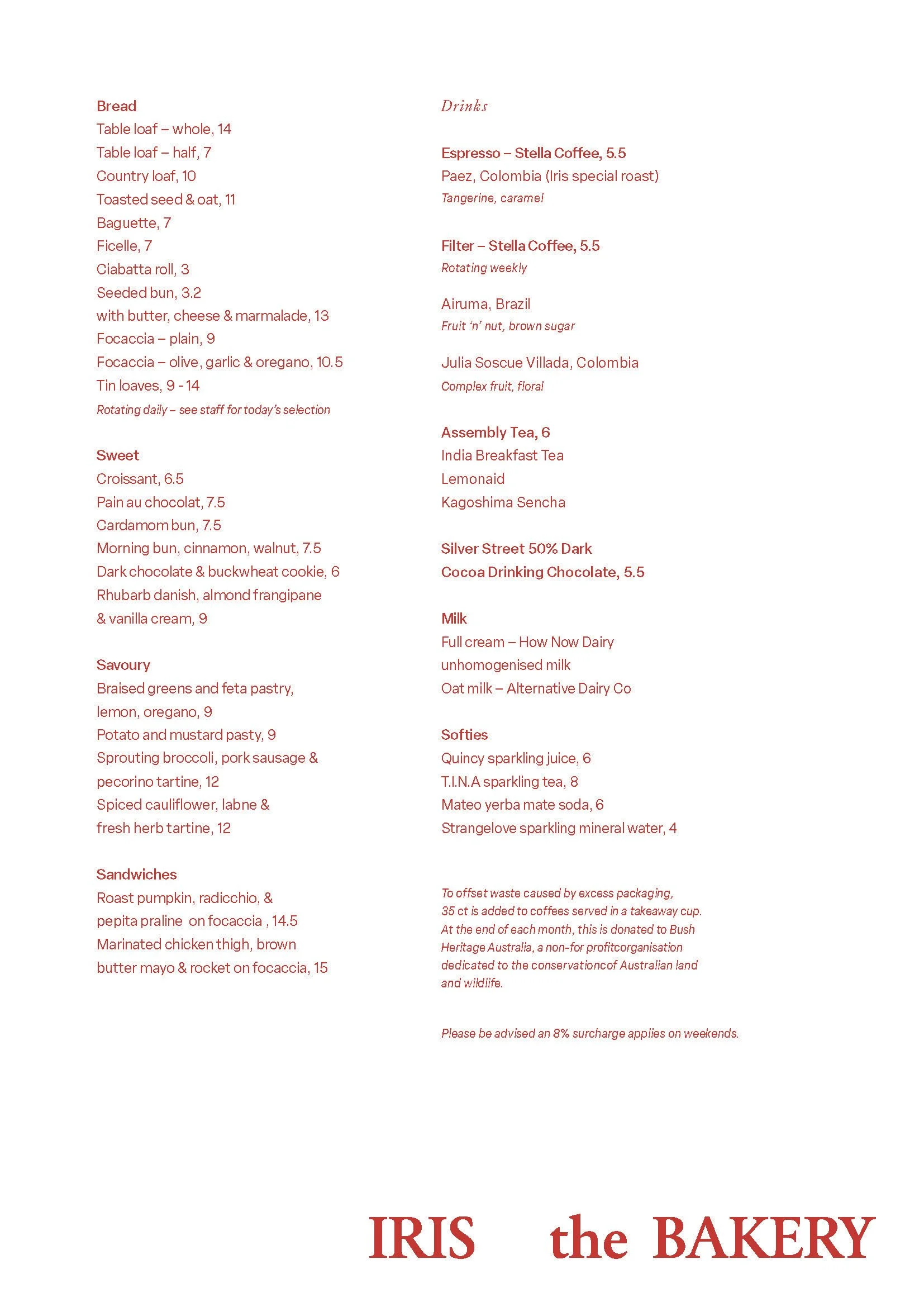 Menu — Iris the Bakery