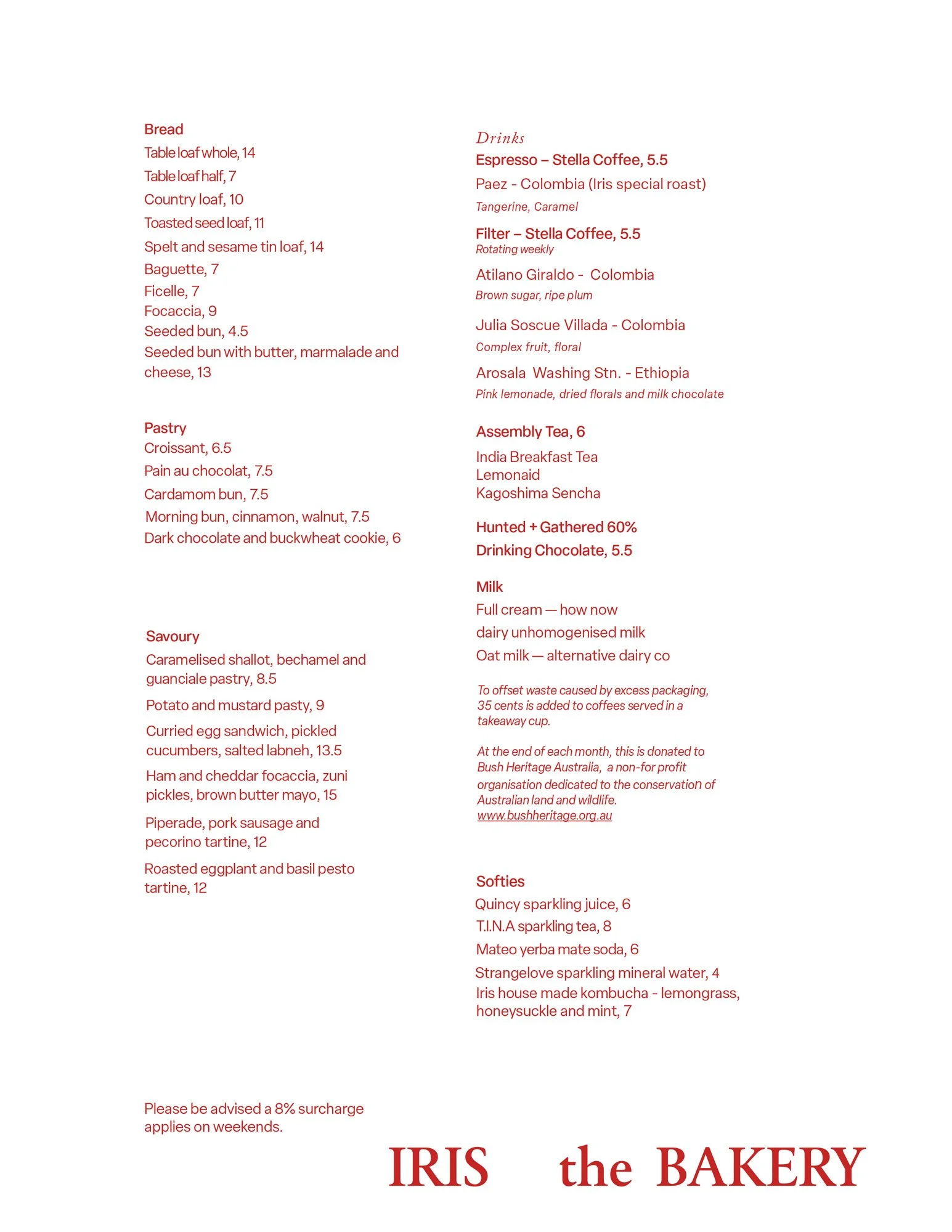 Menu — Iris the Bakery