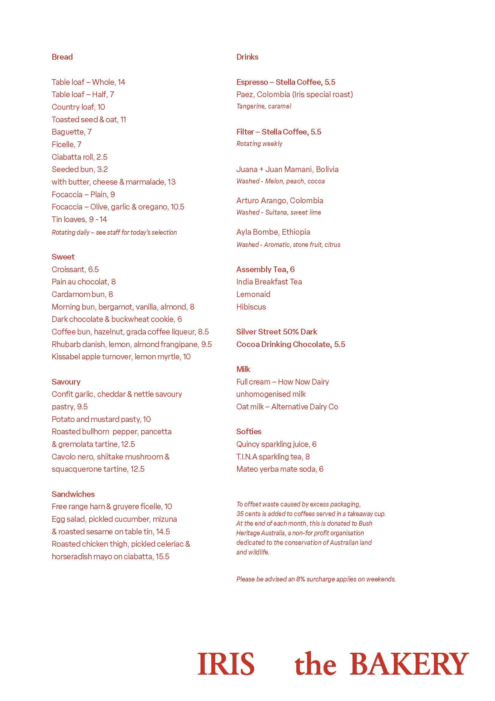 Menu — Iris the Bakery