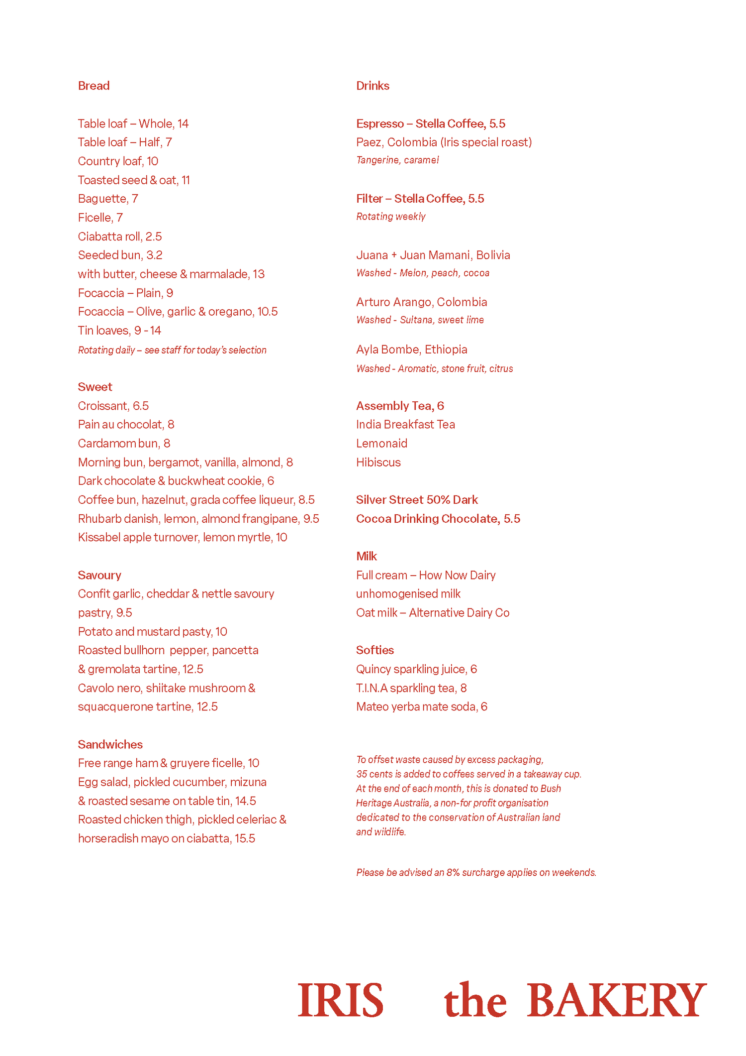 Menu — Iris the Bakery