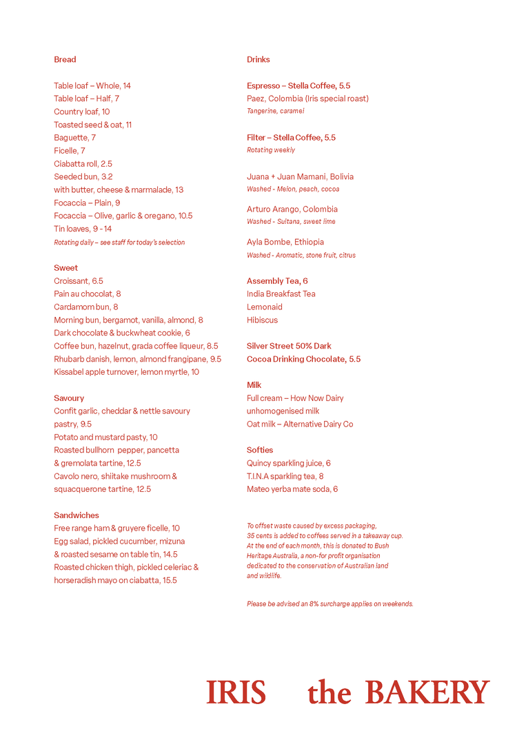 Menu — Iris the Bakery