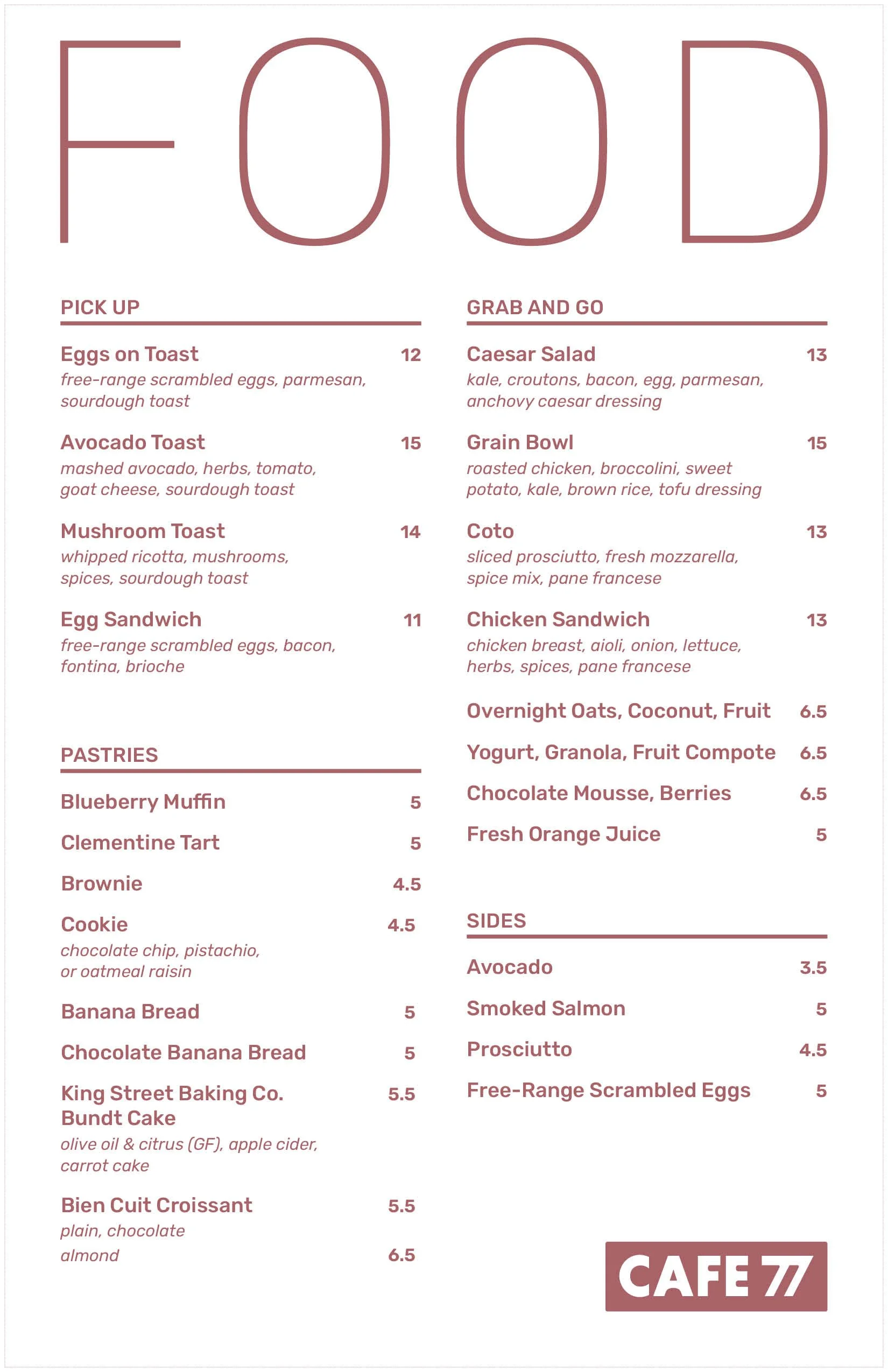 Menus — Cafe 77