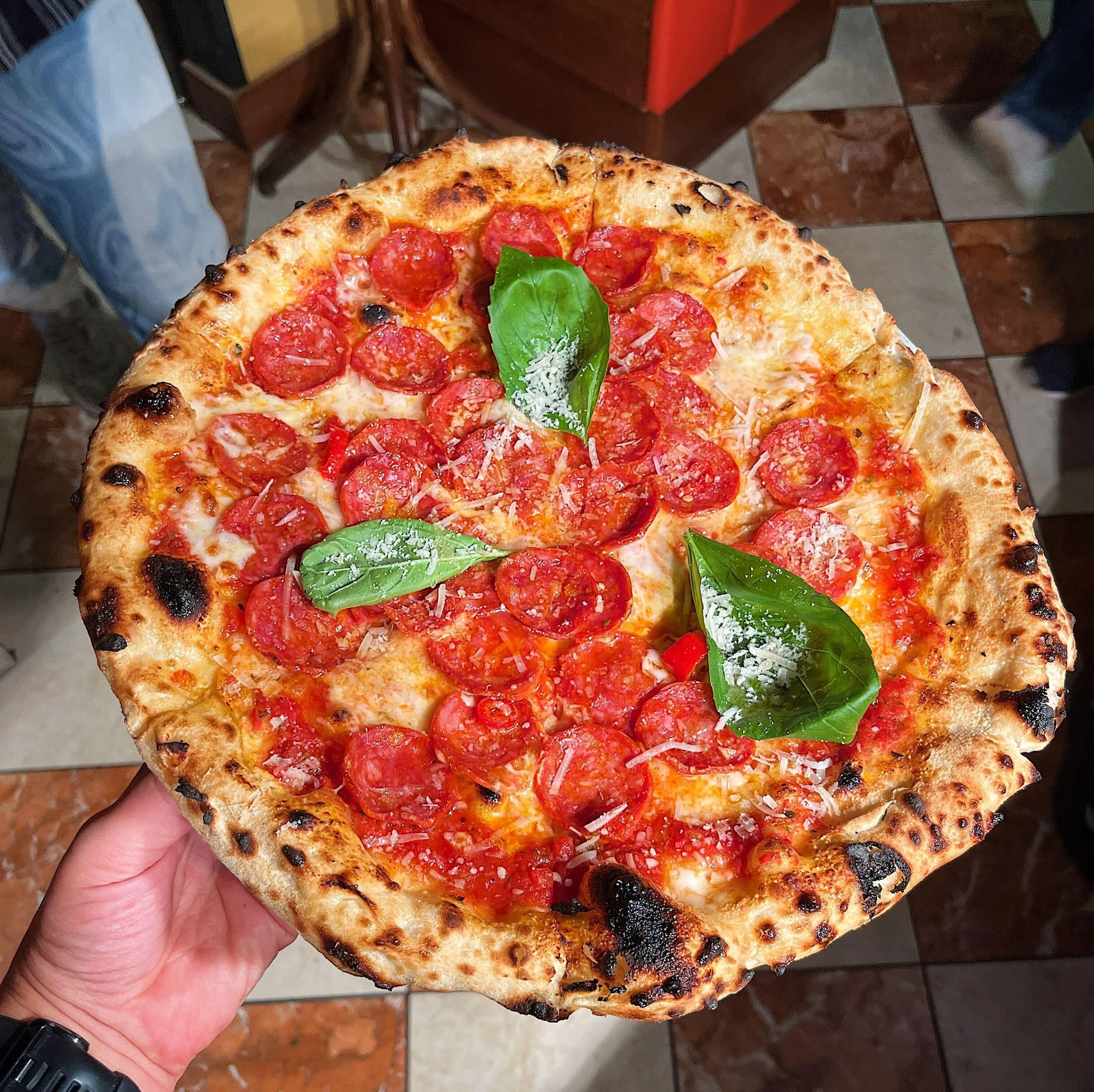 Pizza menu — Grasso Italian-American restaurant, Soho, London.