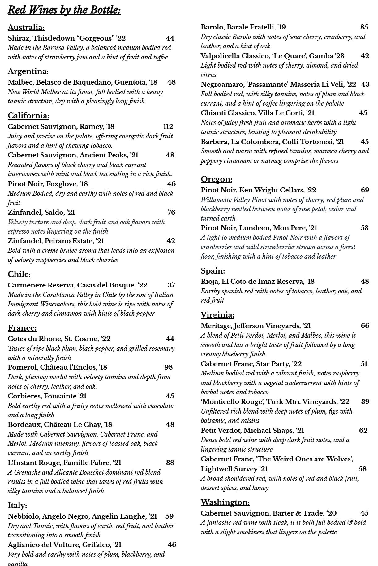 Drink Menu — Queen City Bistro