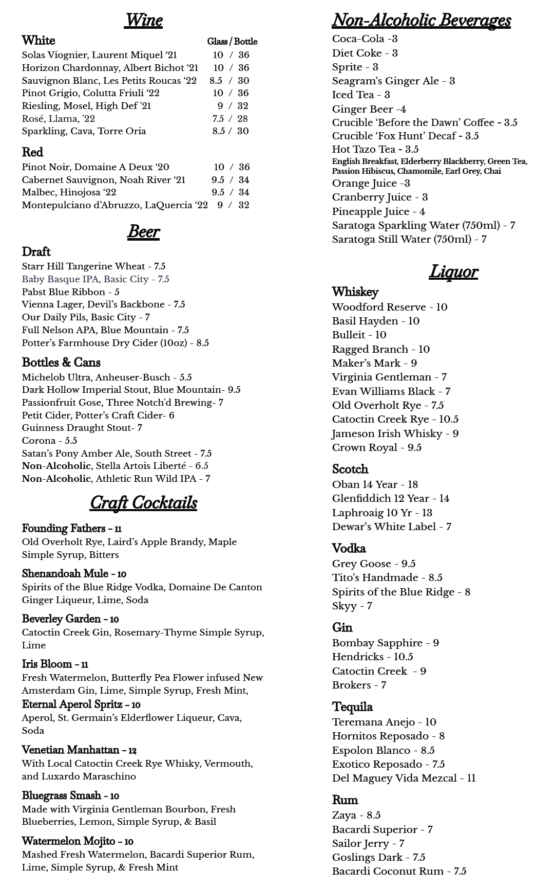Drink Menu — Queen City Bistro