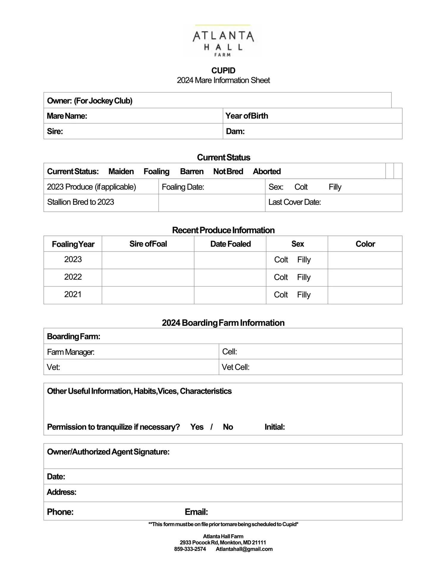 Mare Information Sheet — Atlanta Hall Farm