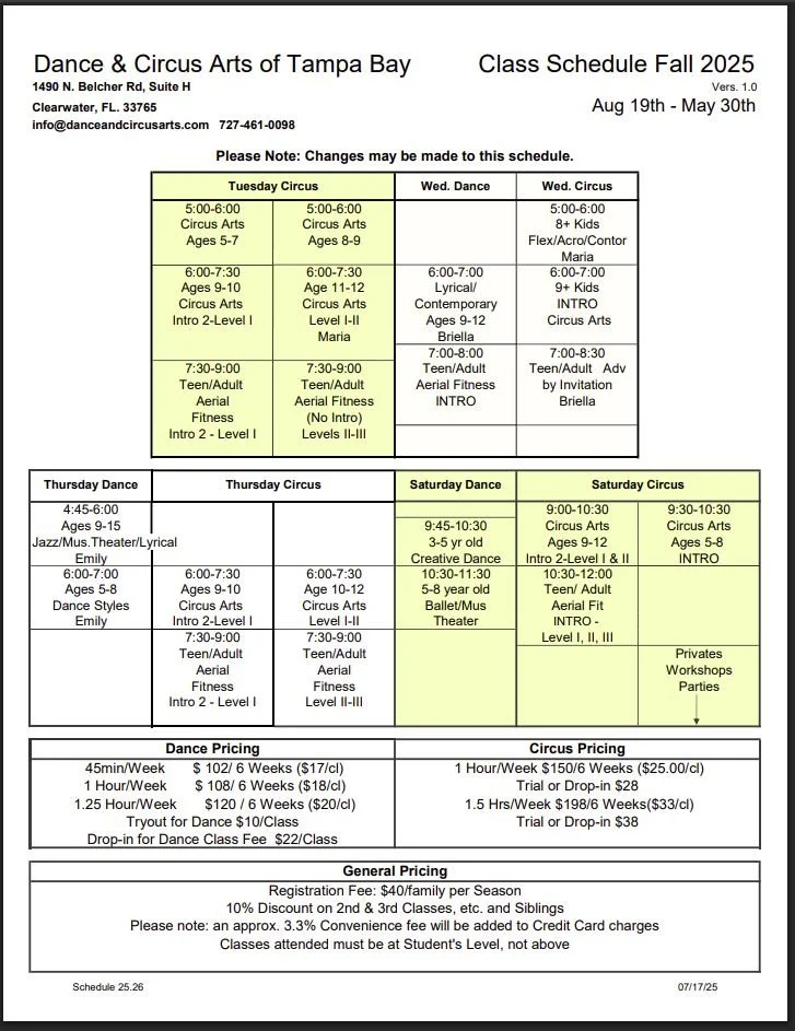 Schedule — Dance & Circus Arts of Tampa Bay