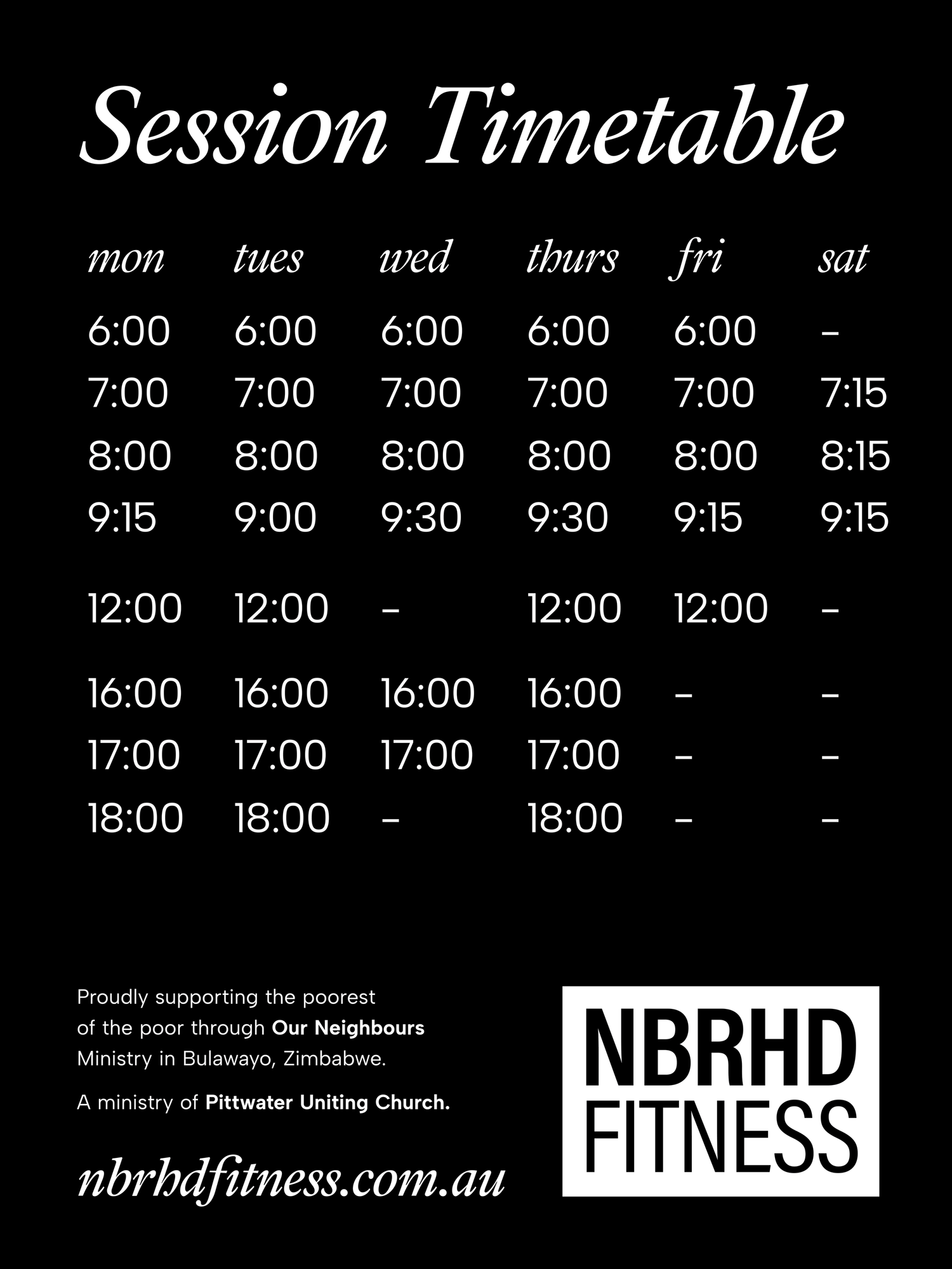 Session Timetable — NBRHD FITNESS