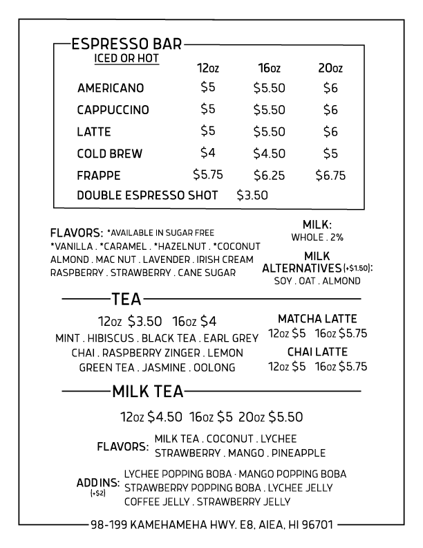 Menu — Toe Beans and Dreams Adoption Cafe