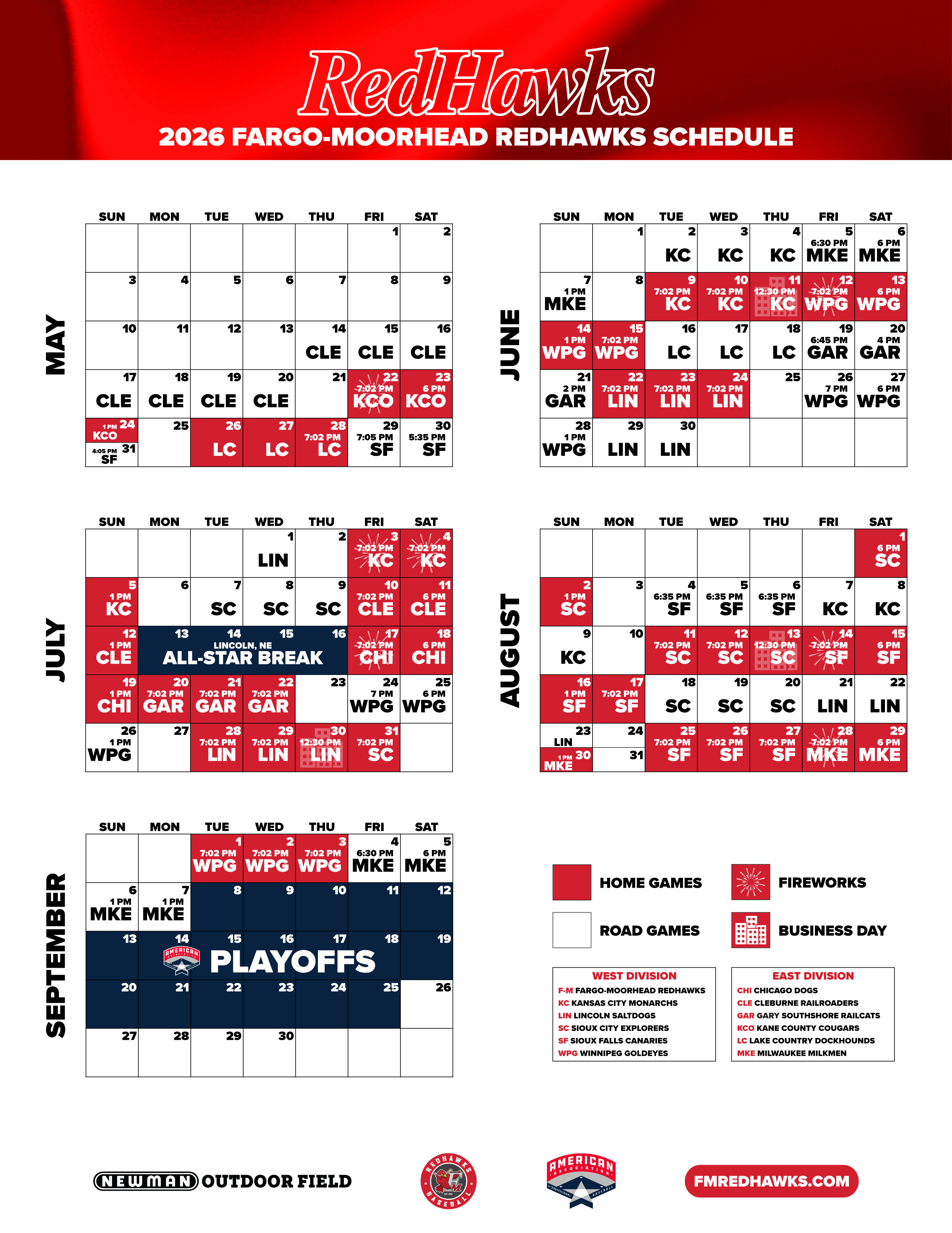 RedHawks release 2026 schedule — Fargo-Moorhead RedHawks Baseball