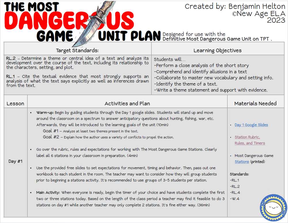 The Most Dangerous Game Short Story Lesson Plans — Benjamin Helton