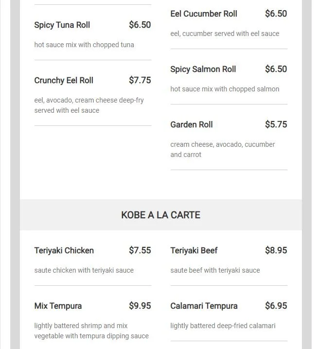 Kobe Menu design — Orion Leet