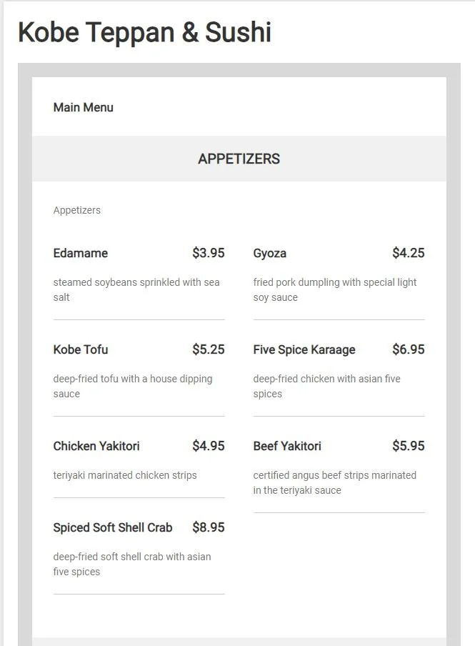 Kobe Menu design — Orion Leet