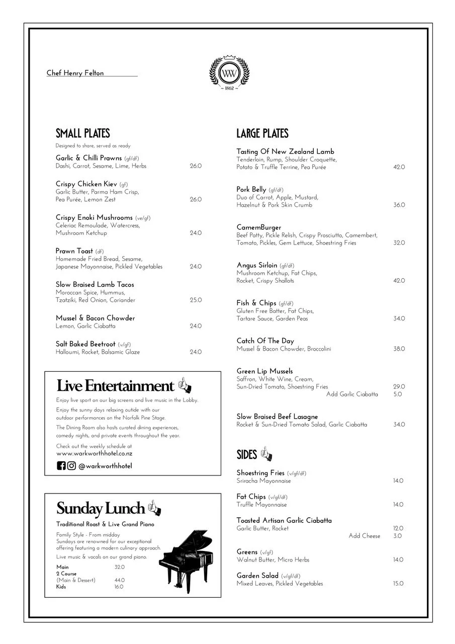 Menu — Warkworth Hotel