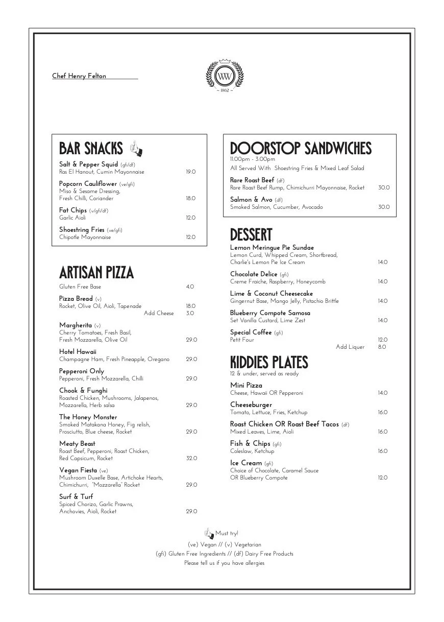Menu — Warkworth Hotel