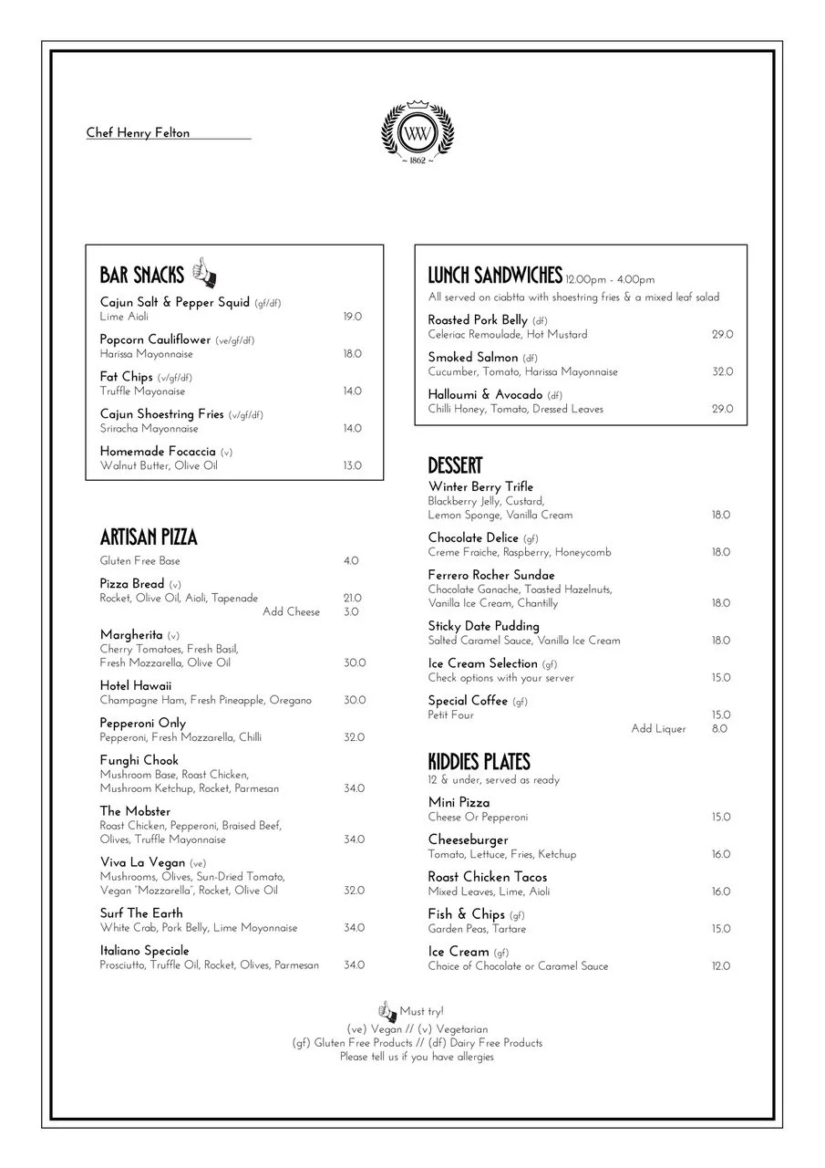 Menu — Warkworth Hotel