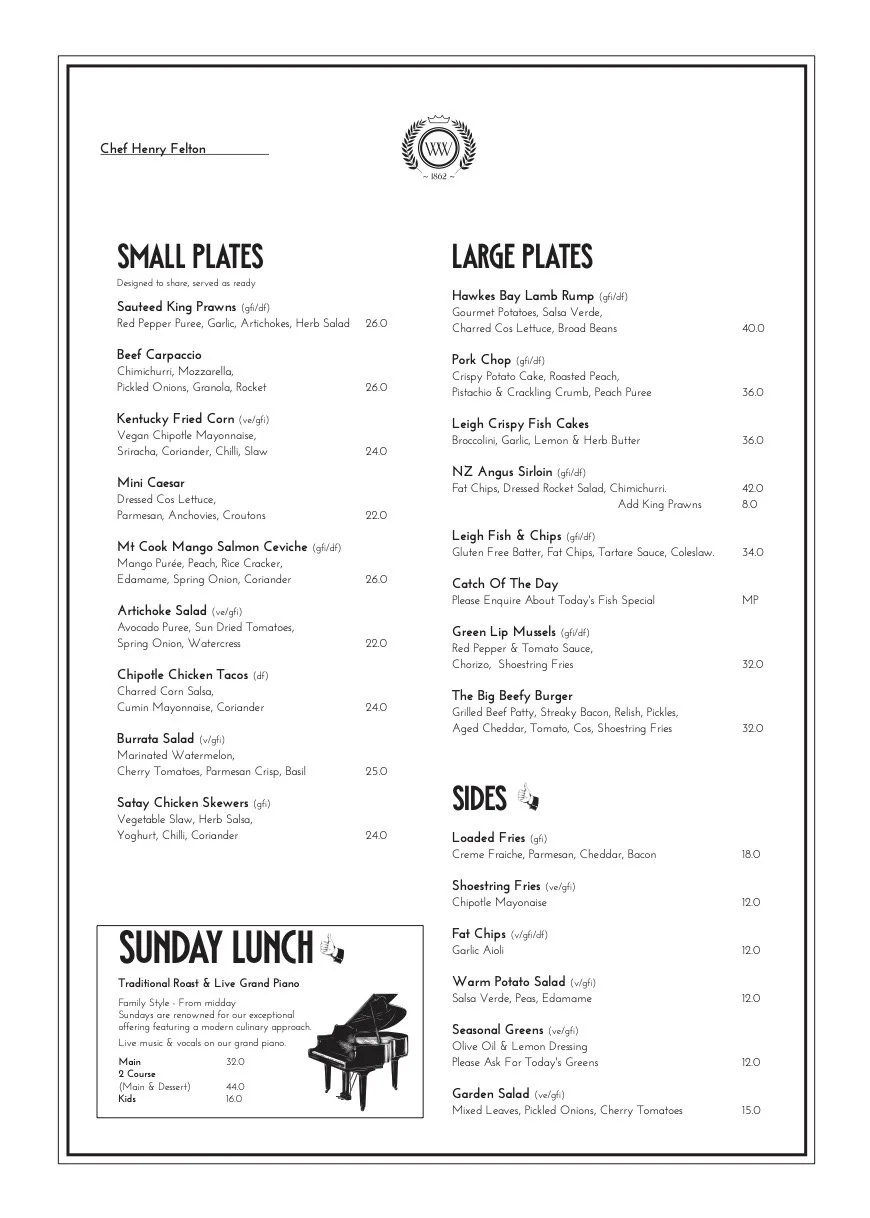 Menu — Warkworth Hotel