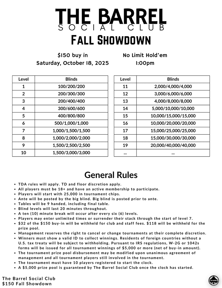 $150 Fall Showdown — The Barrel Social Club Poker