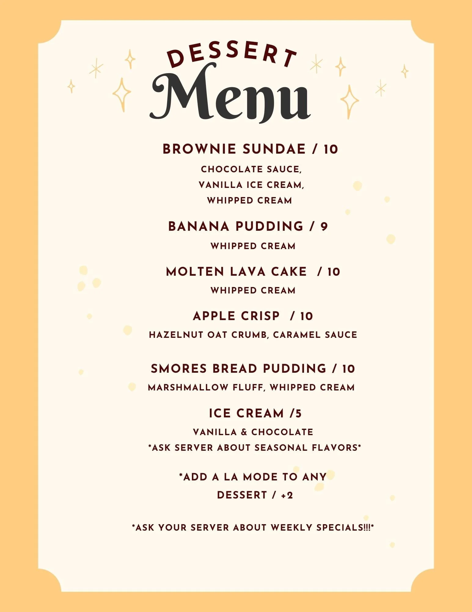 Dessert Menu — The Stirling Hotel