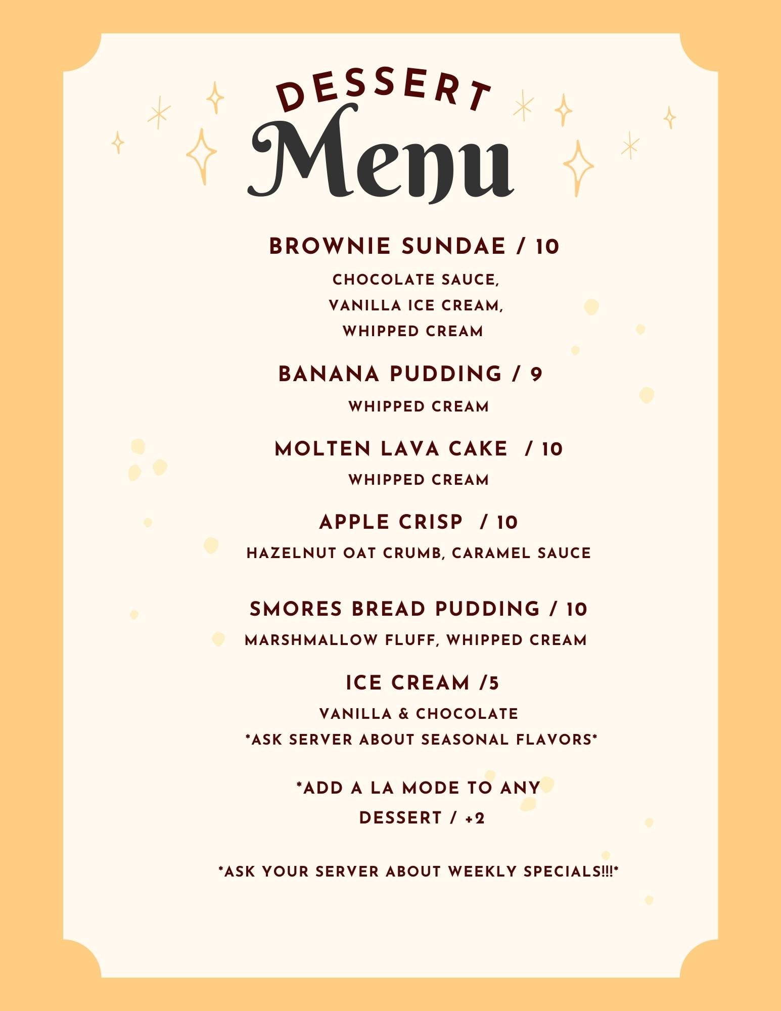Dessert Menu — The Stirling Hotel