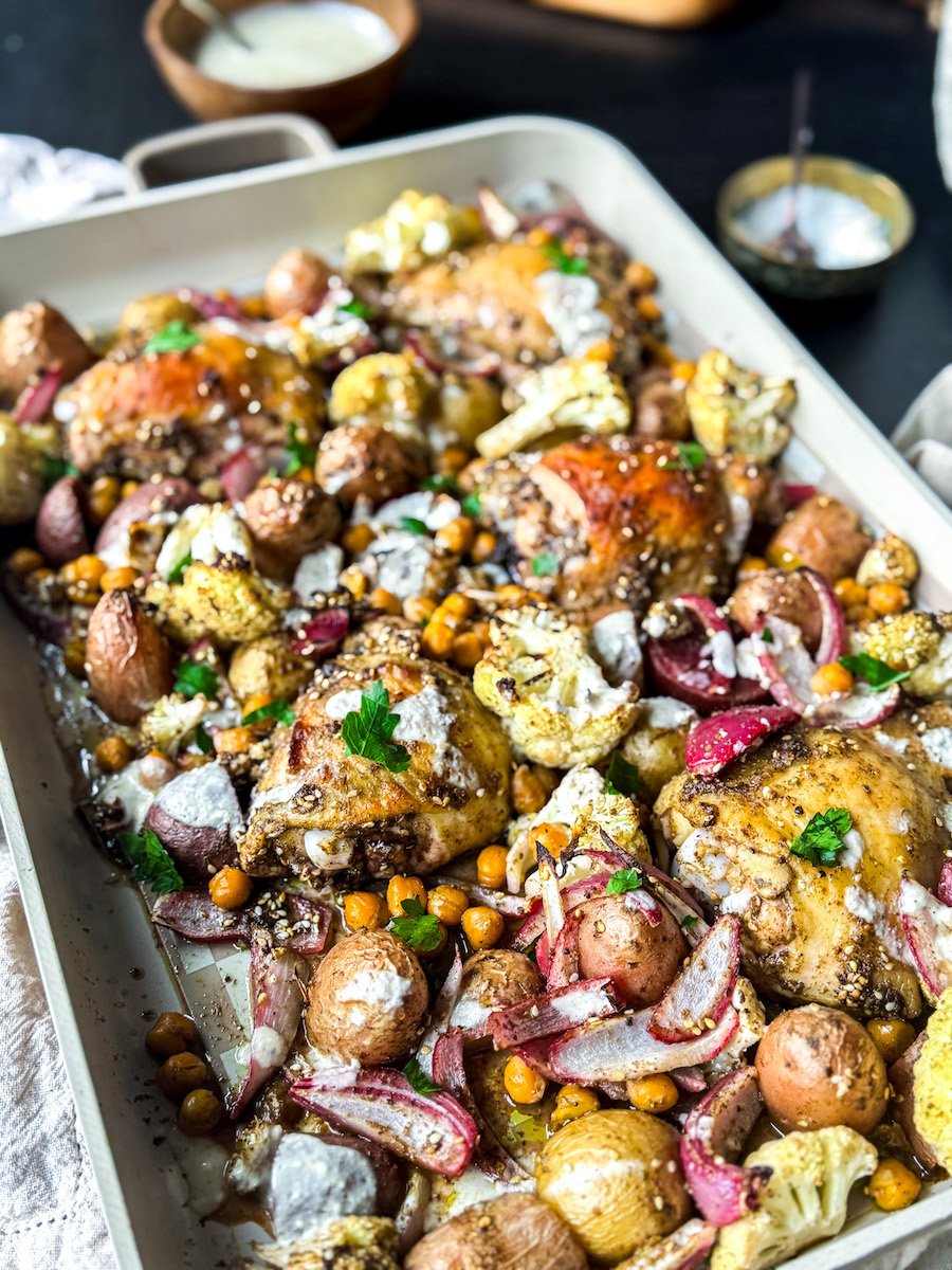 Roasted Za'atar Chicken Thighs with Yogurt Sauce — Protein Snack Queen