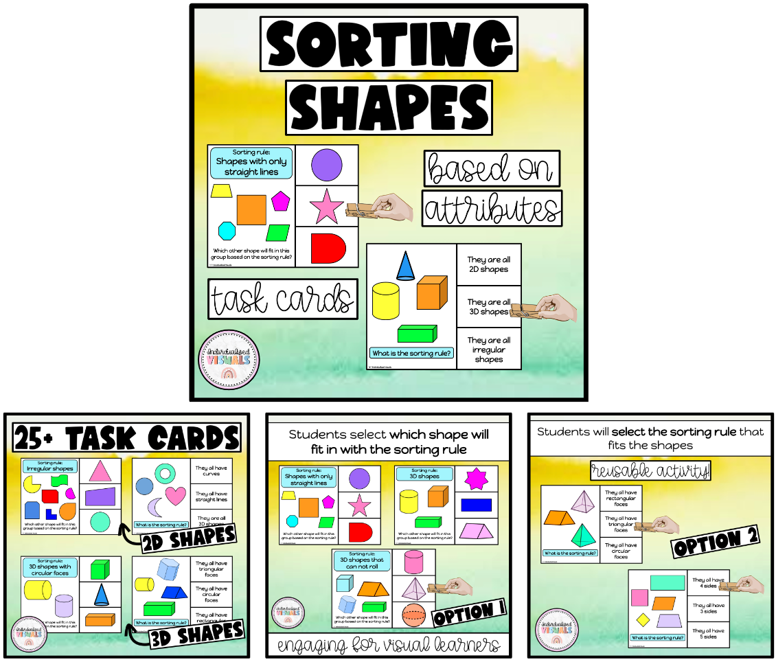 Sorting 2D & 3D Shapes TASK CARDS — Individualized Visuals