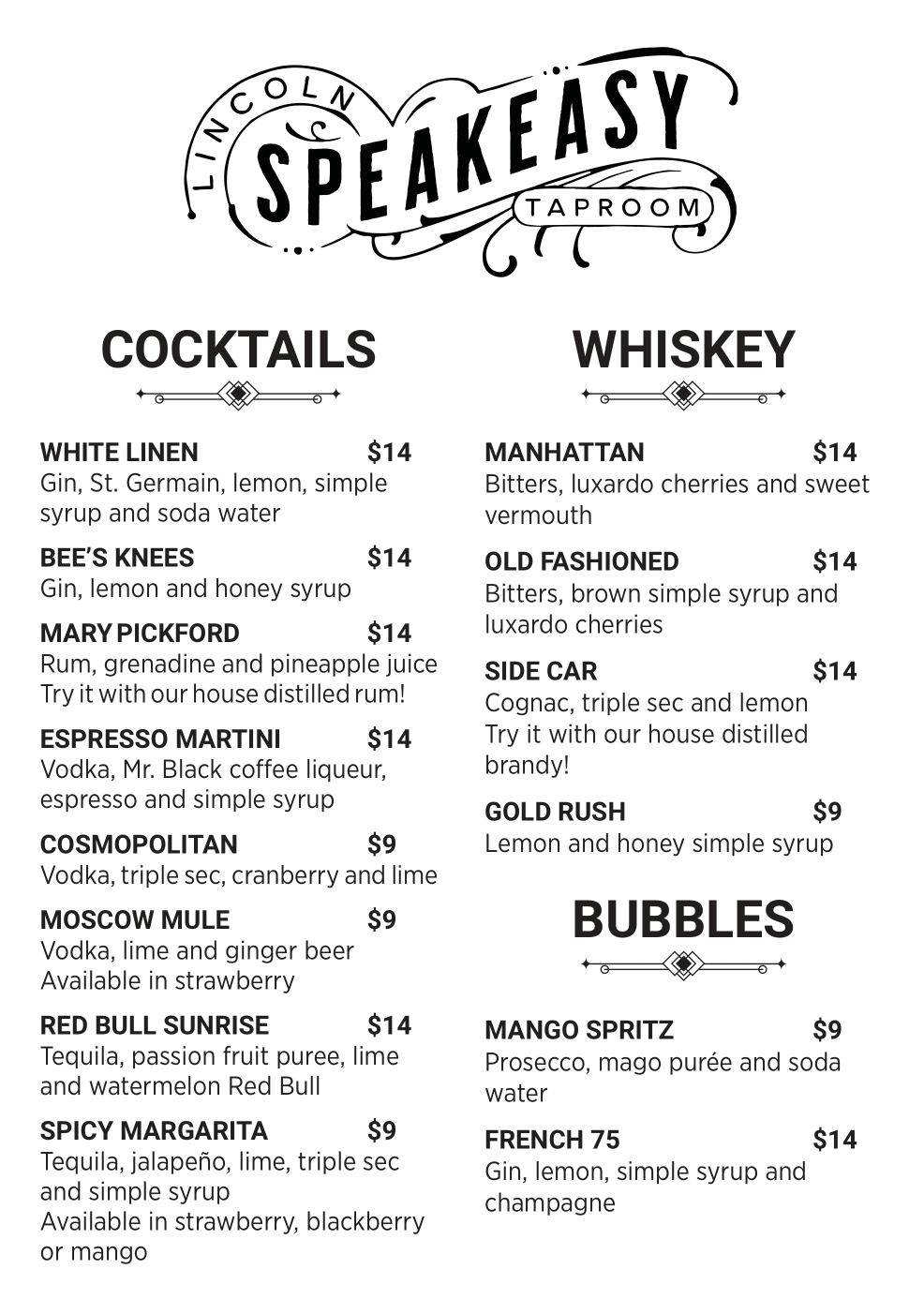 Menu 1 — Lincoln Speakeasy