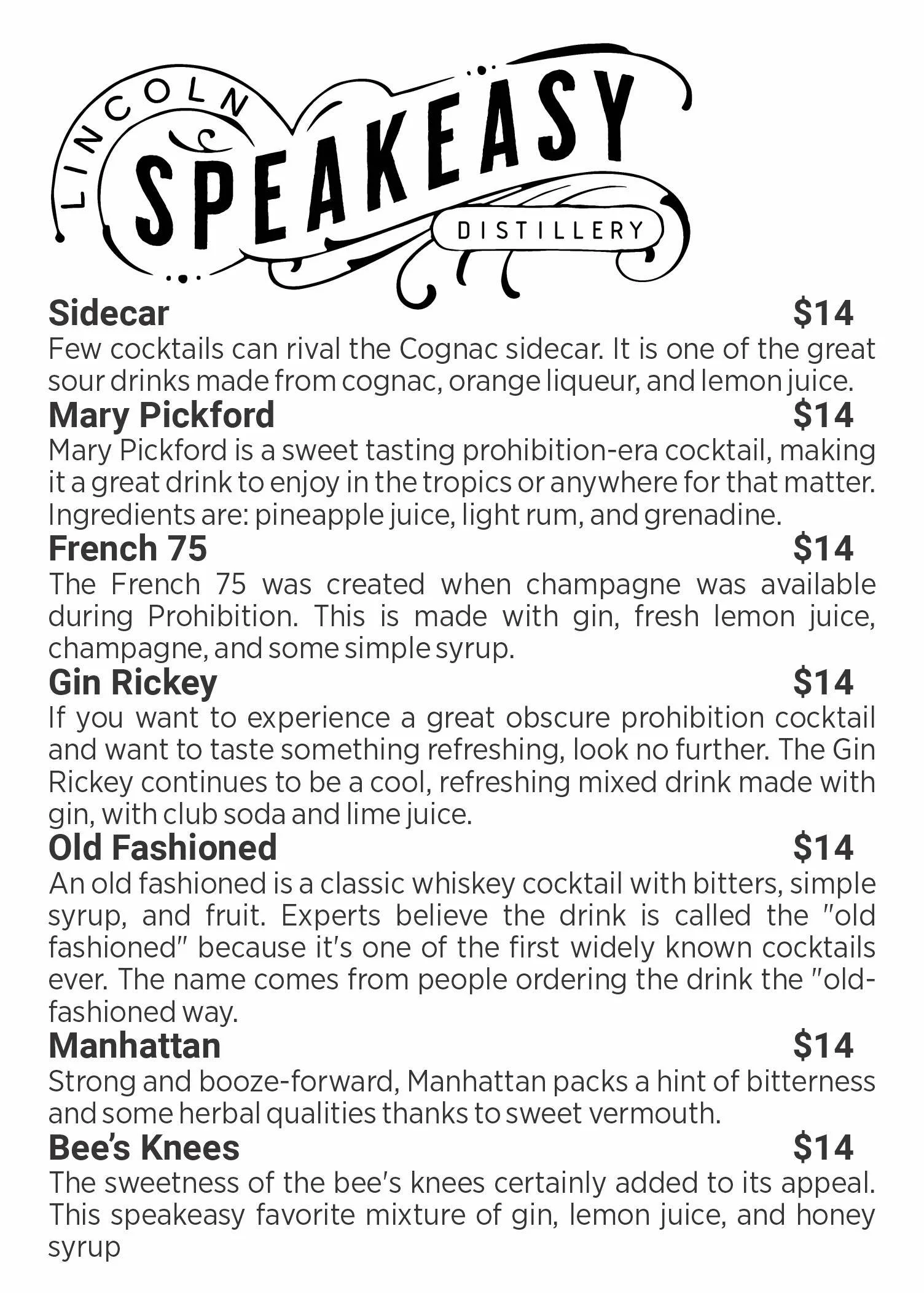 Menu 1 — Lincoln Speakeasy