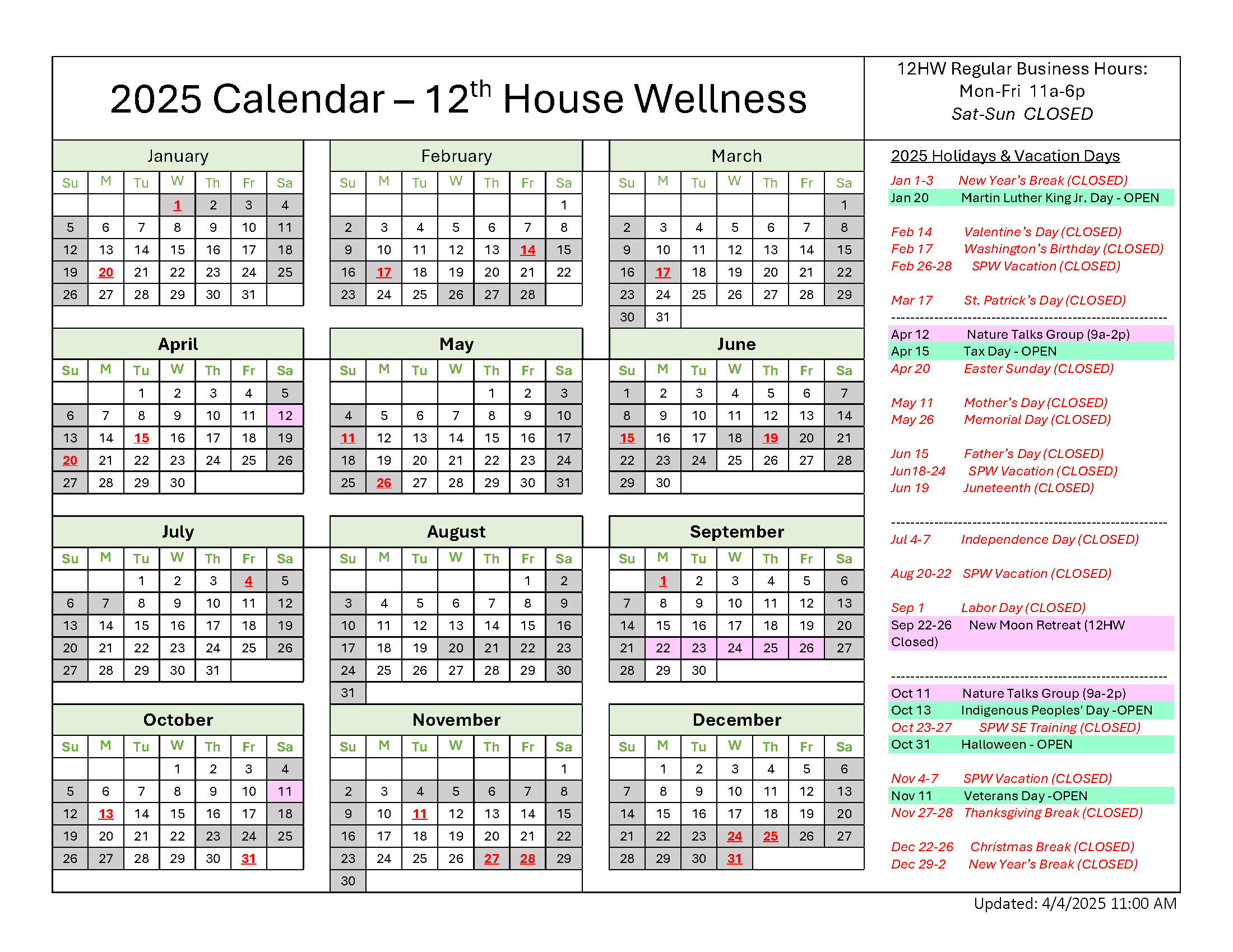 2025 Calendar — Sarah Whitewater