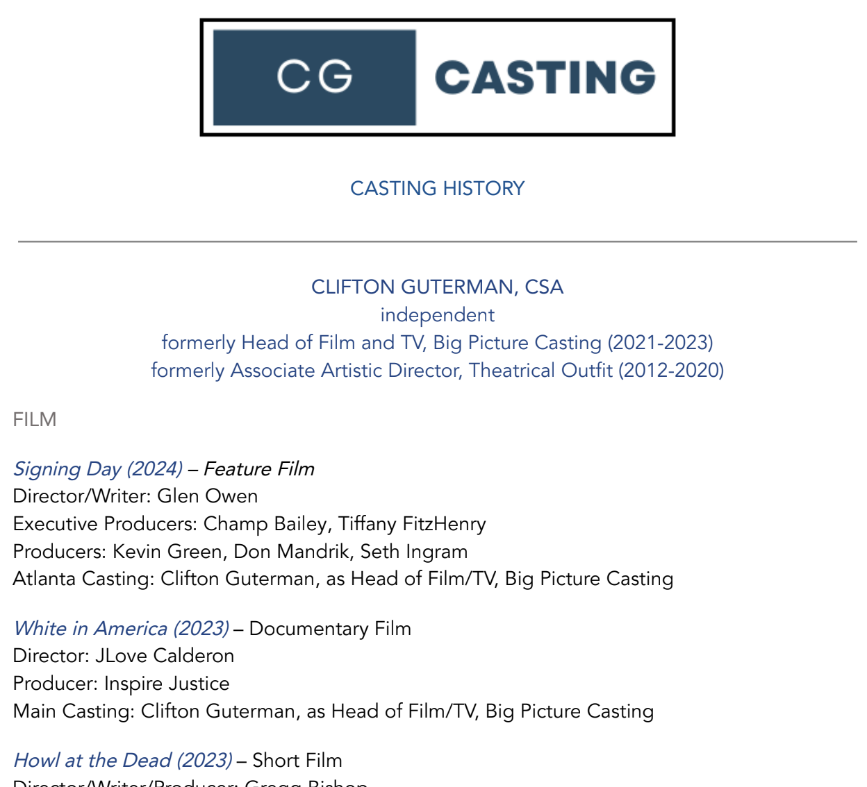 CREDITS — CLIFTON GUTERMAN CASTING
