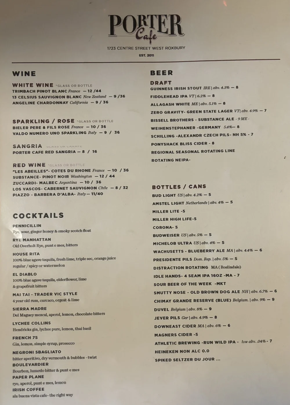 Drinks — Porter Cafe