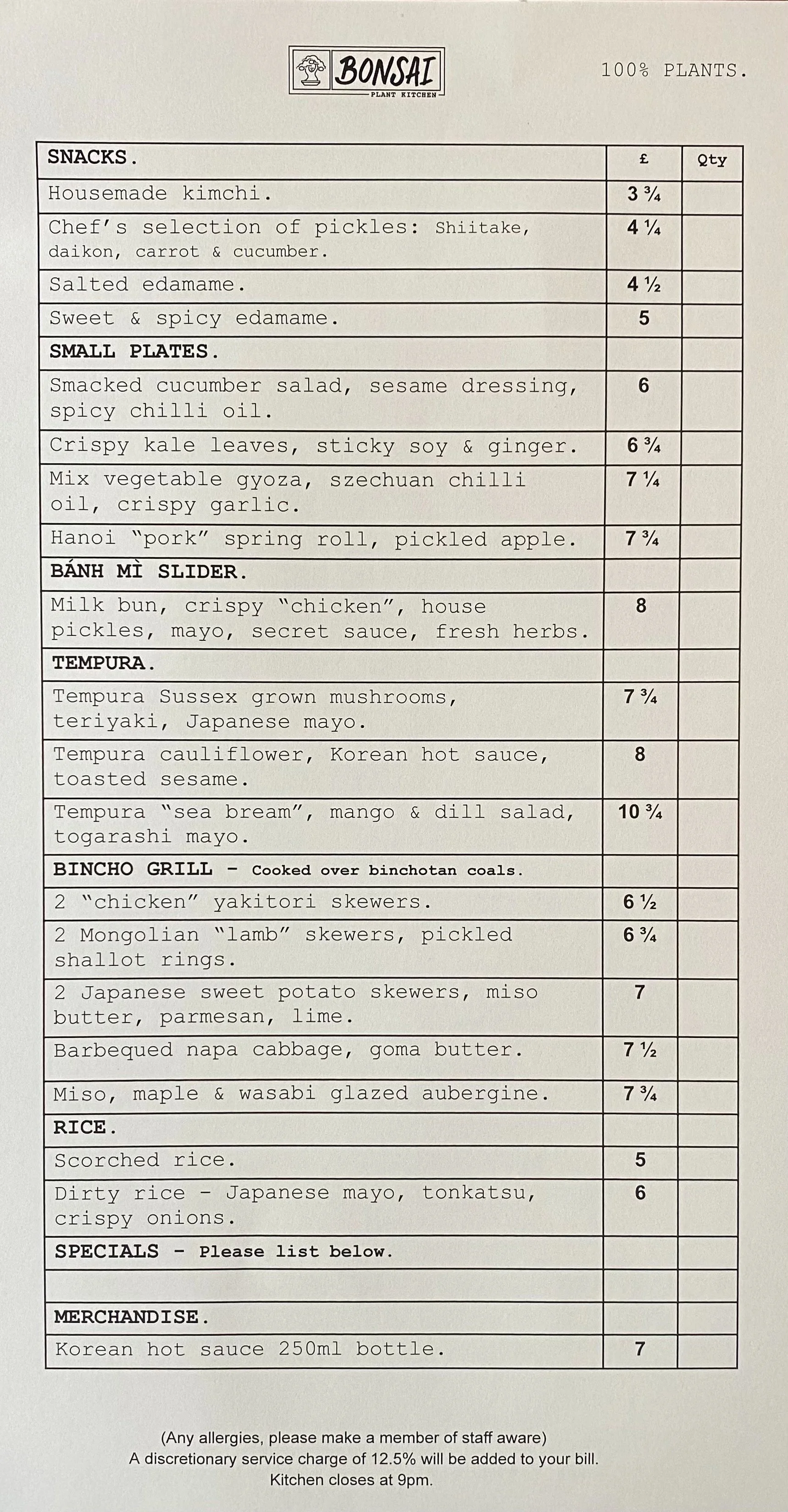 Dinner Menus — BONSAI