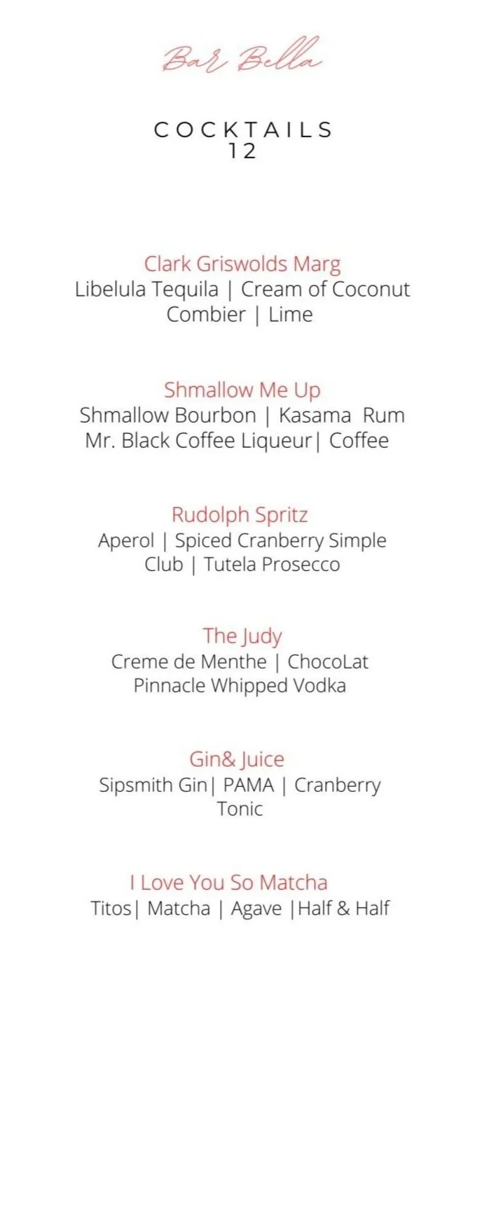 Winter Menu — Bar Bella