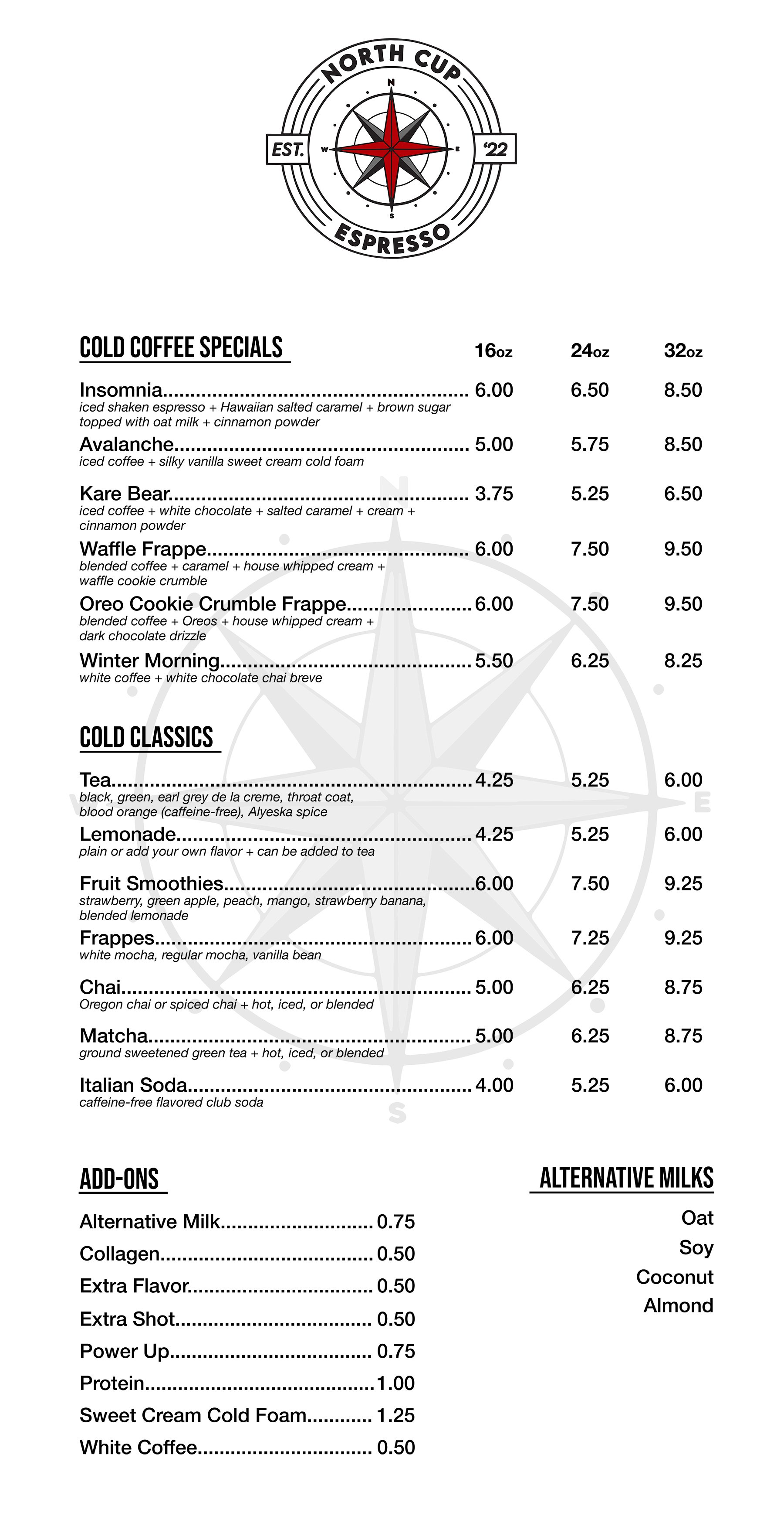 Menu — North Cup Espresso