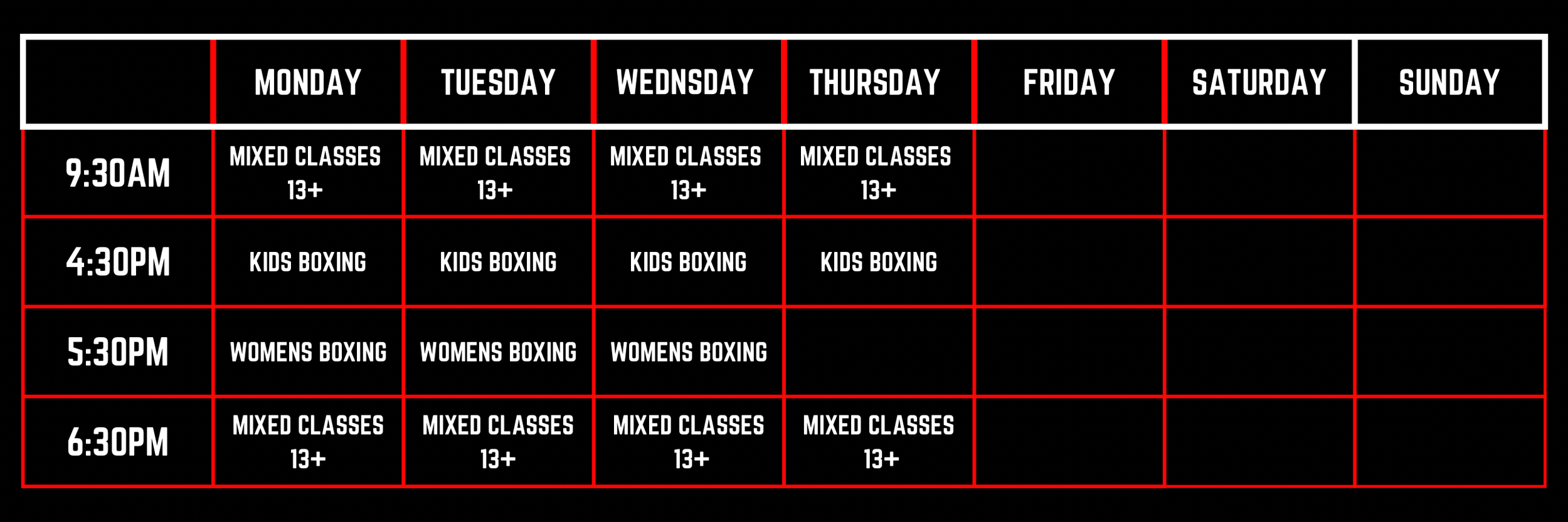 Timetable — Hardknocks Boxing Gym