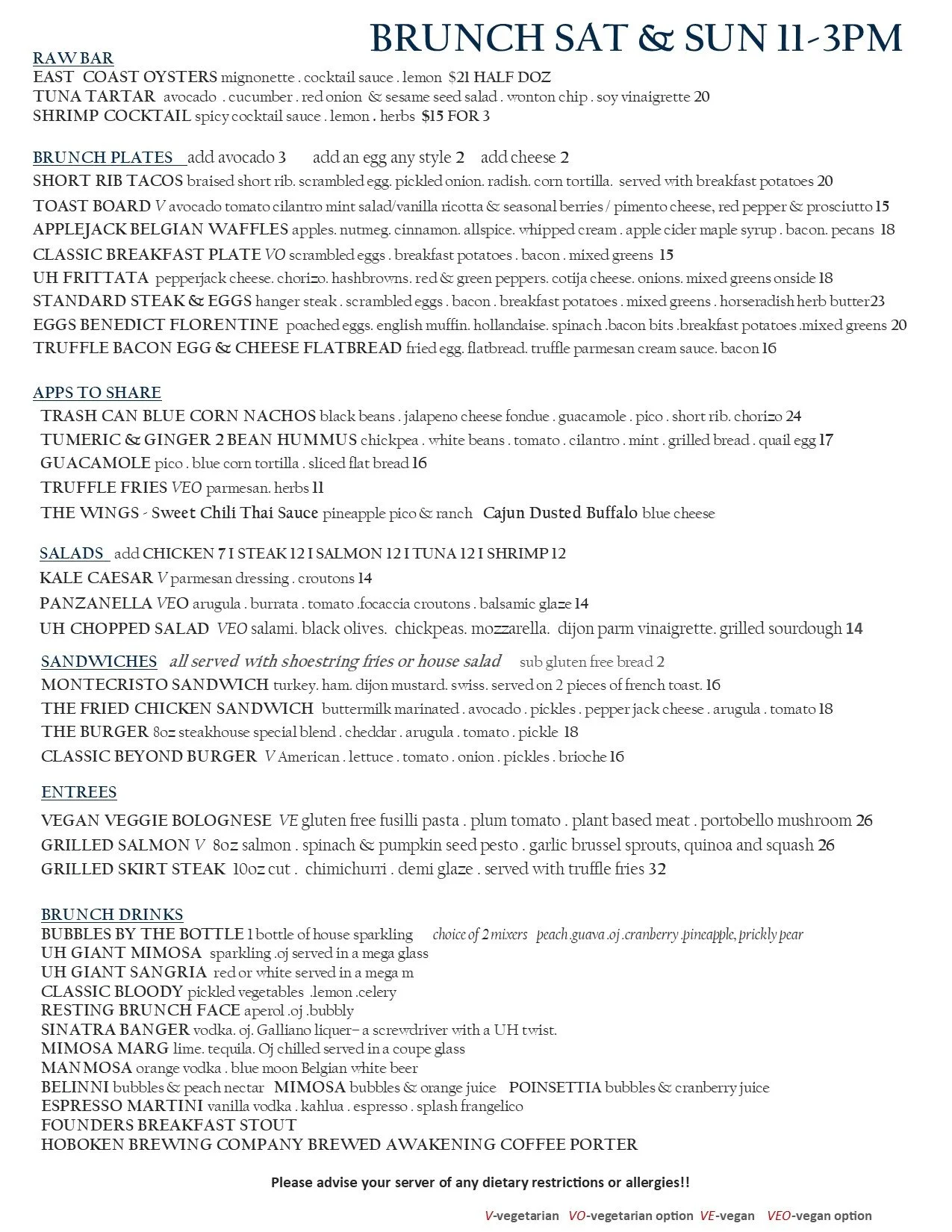 Menu — UNION HALL HOBOKEN