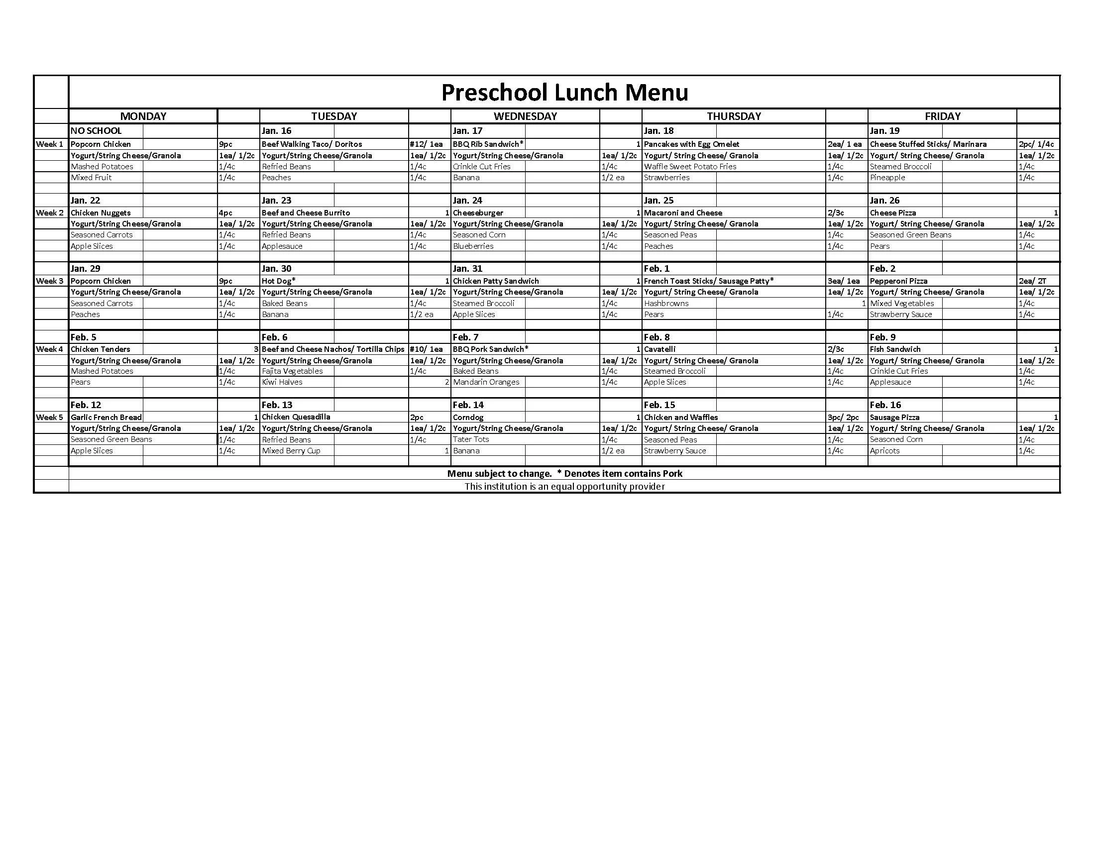 Lunch Menu — Montessori Children's House