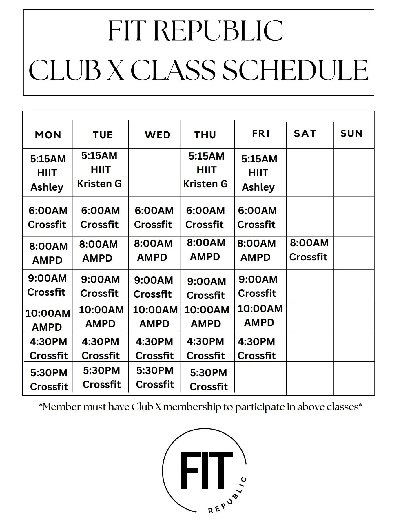 Club X Class Schedule — FIT REPUBLIC CAPE COD