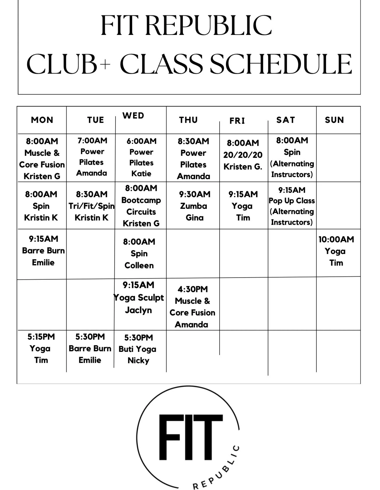 Club + Class Schedule — FIT REPUBLIC CAPE COD