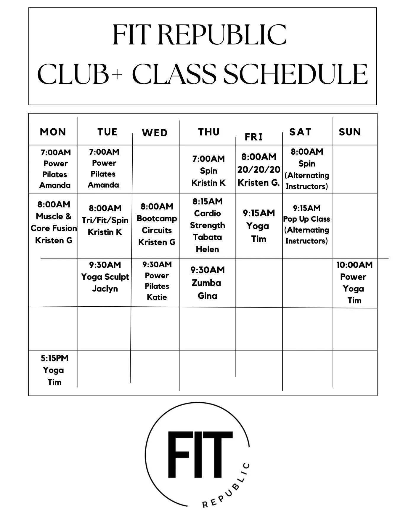 Club + Class Schedule — FIT REPUBLIC CAPE COD